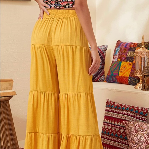 Pants & Jumpsuits | Womens Boho Elastic High Waisted Ruffle Hem Wide ...